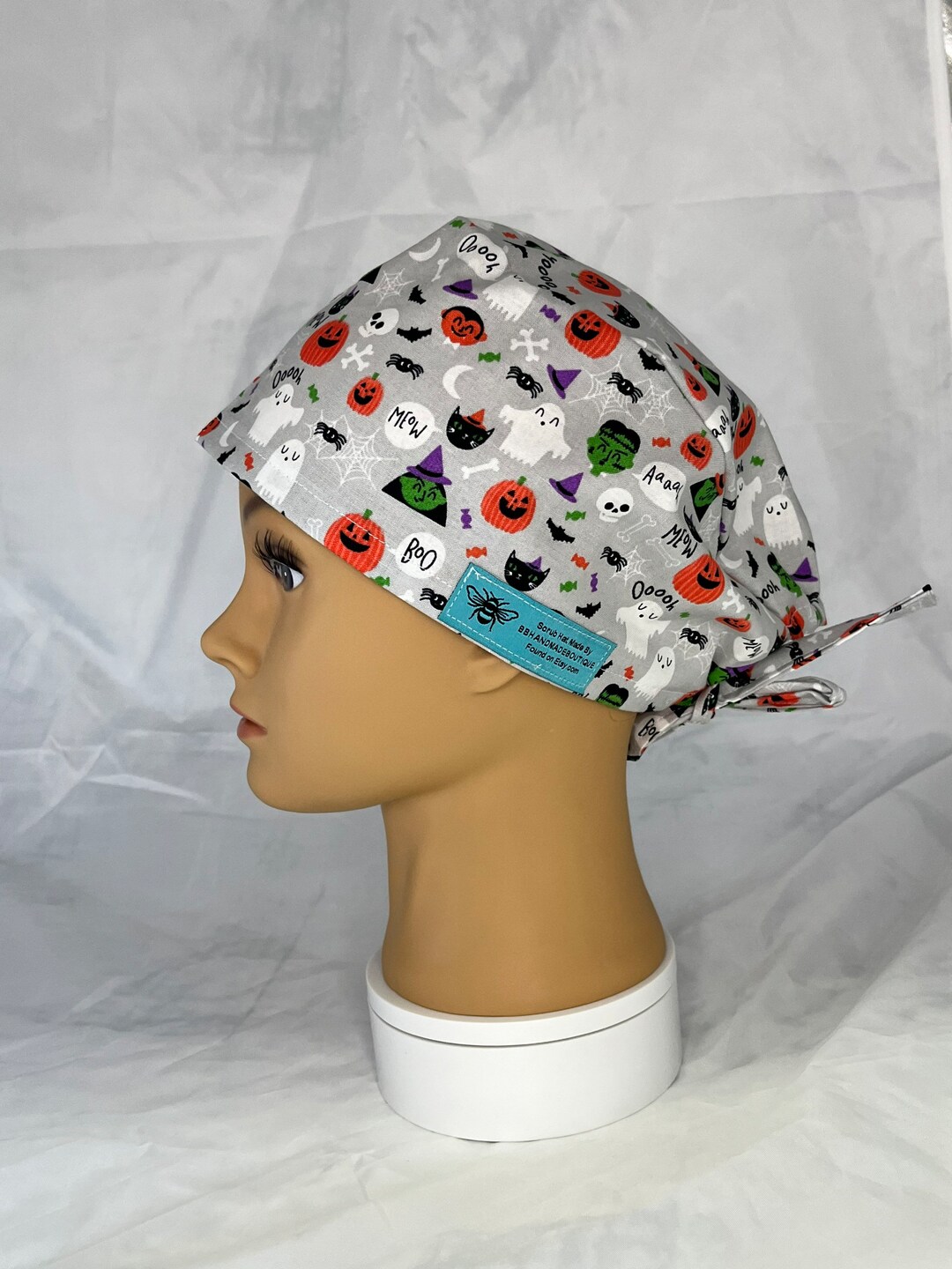 Boo! Mini Witches and Ghosts Halloween Surgical Scrub Hat With Ties and ...