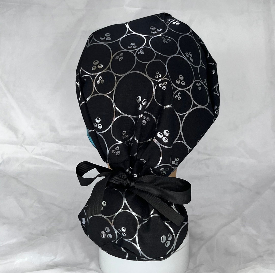 Cute Women’s Ponytail Scrub Cap With Ribbon and Ties Let’s Go Bowling ...