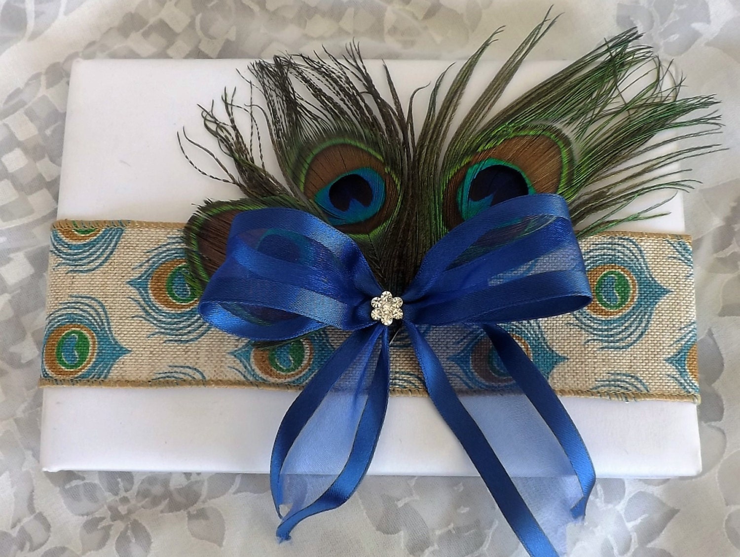 Peacock Feathers With Ribbon Burlap Animal Print and Bow Royal Blue ...
