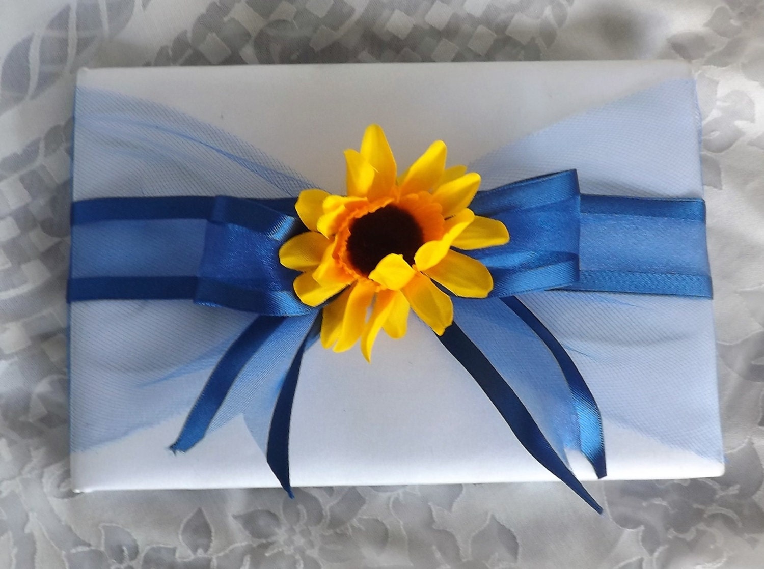Sunflower With Royal Blue Ribbon and Tull Guest Book and Pen Wedding ...
