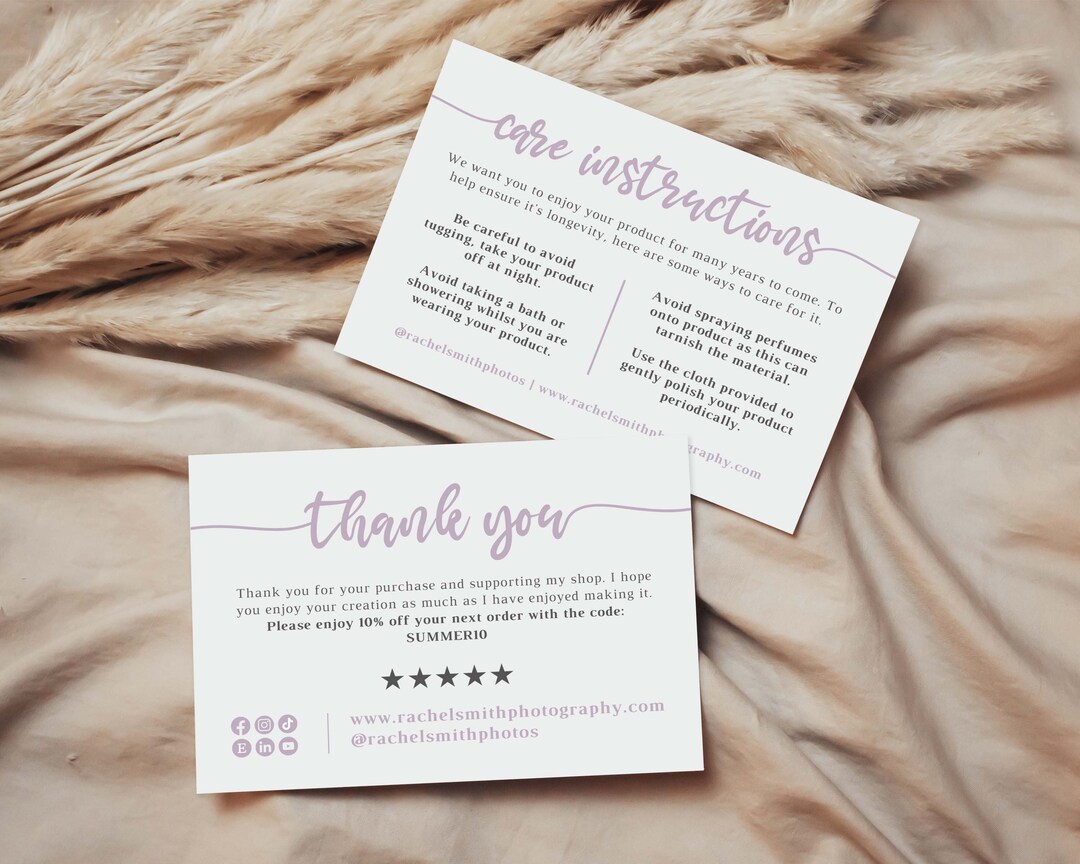 Editable Thank You Cards and Care Cards, Set of 2, Etsy Sellers ...