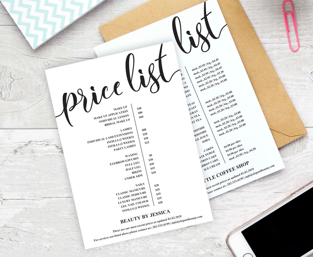 Printable Price List INSTANT DOWNLOAD Price Guide Template - Etsy