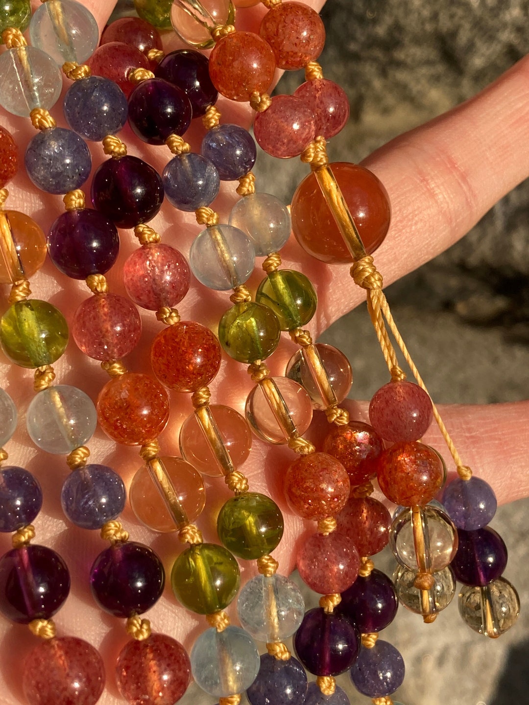 Rainbow Gemstone Mala, Strawberry Quartz Mala, Sunstone Mala, Citrine ...