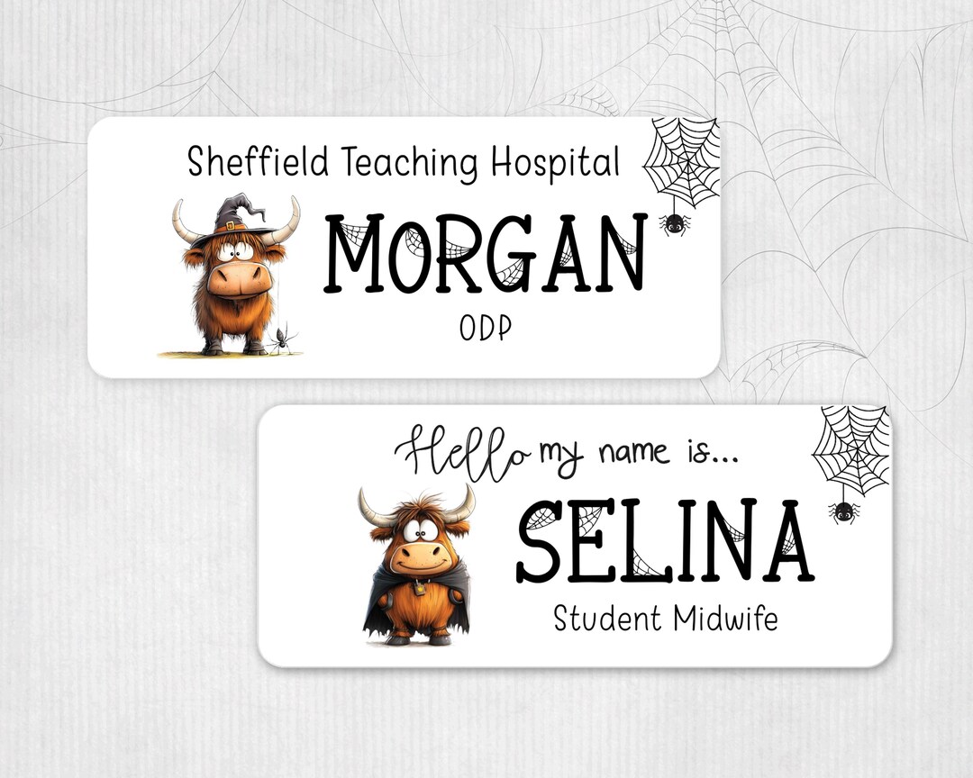 Halloween Highland Cow Name Badge, Nurse, Doctor, Student, Midwife ...