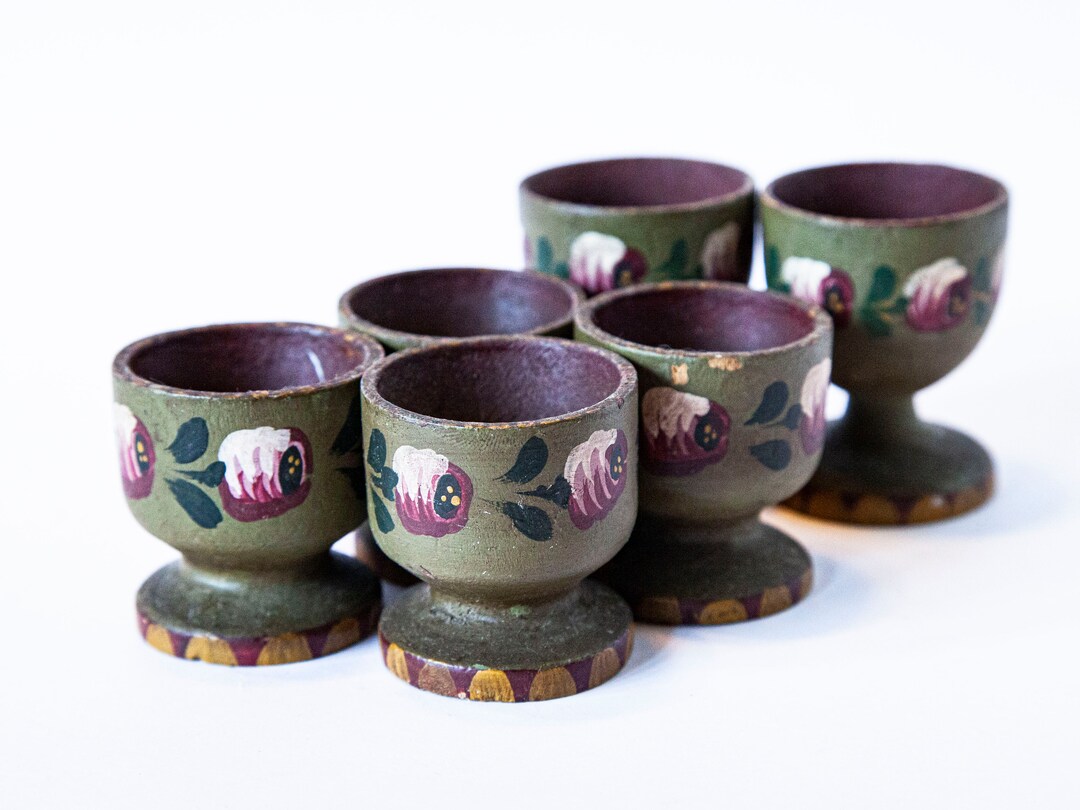 Vintage Egg Cups Set in Unique Rural Design - Handmade Wooden Eggcups ...