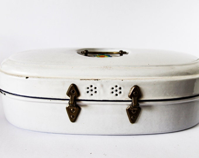 Vintage Enamel Bread Box White Breadbox in Elliptic Round Form ...