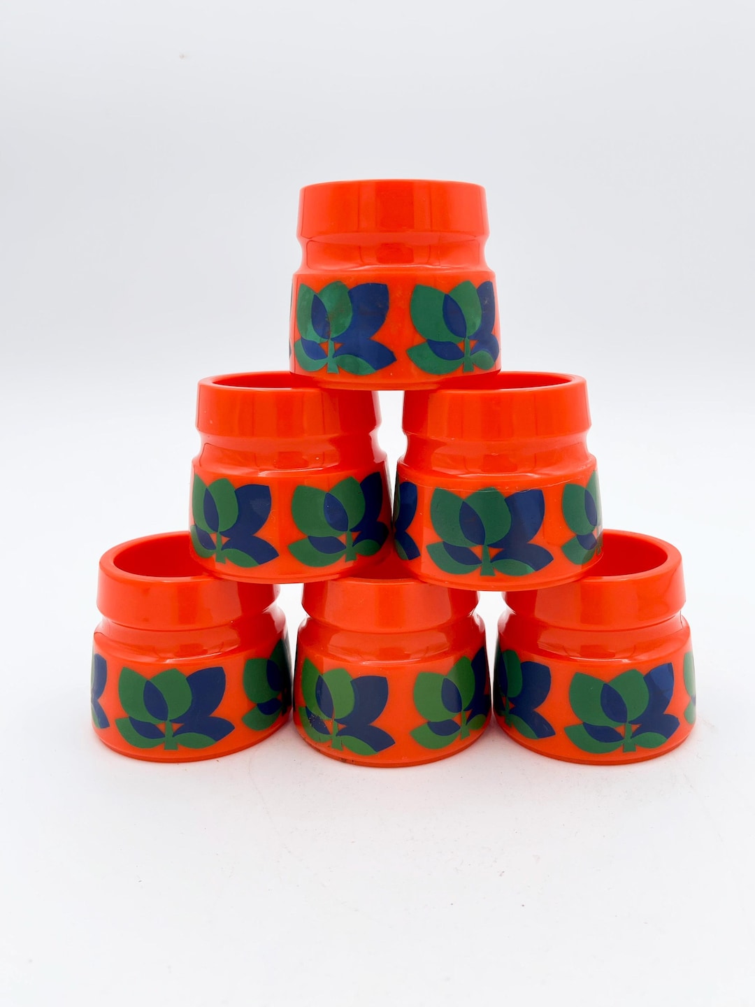 Set of 2 Vintage Orange Plastic Egg Cups With Green & Blue Floral ...