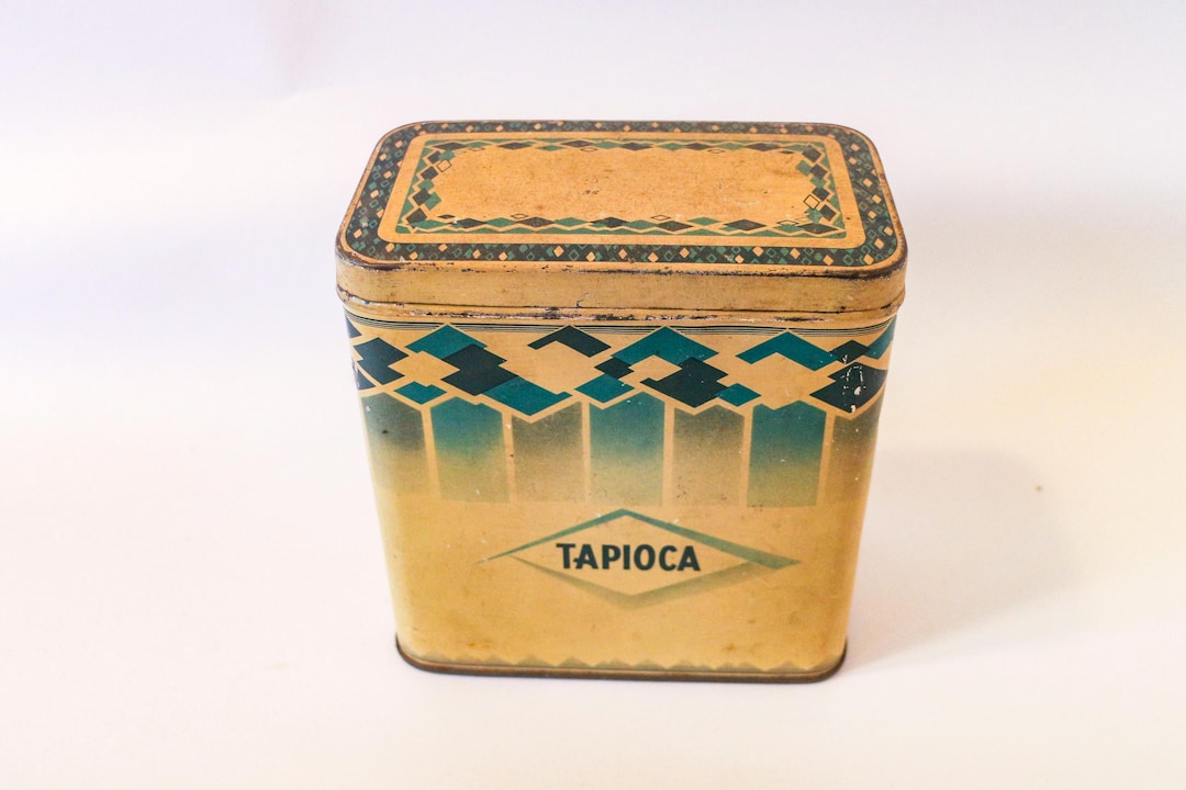 1920s–40s Art Deco Tapioca Tin – Yellow Blue Geometric Metal Box – Rare ...