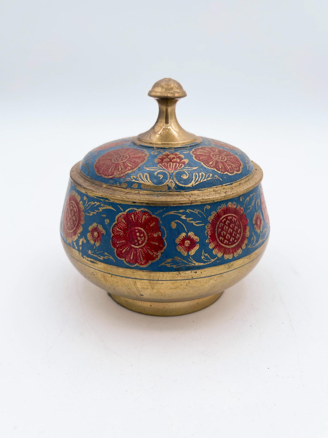 Vintage Handcrafted Indian Brass Box – 1970s-1980s, Blue & Red Floral ...