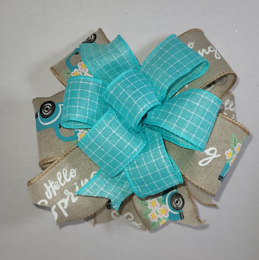 Spring Wreath Bow, Lantern Bow, Swag Bow Burlap Look With Blue Farm ...
