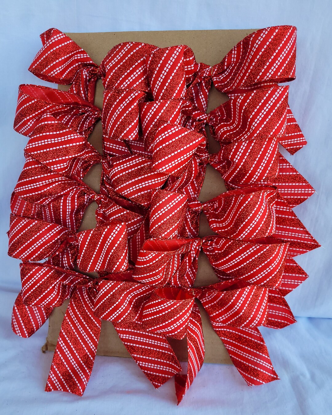 Set of 12 (twelve) Handmade Bows Red With White Diagonal Stripes for ...