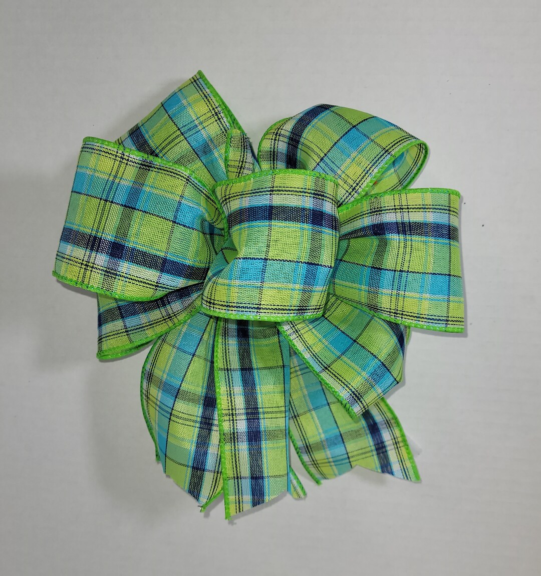 Spring Wreath Bow, Lantern Bow, Swag Bow Plaid in Blue and Green White ...