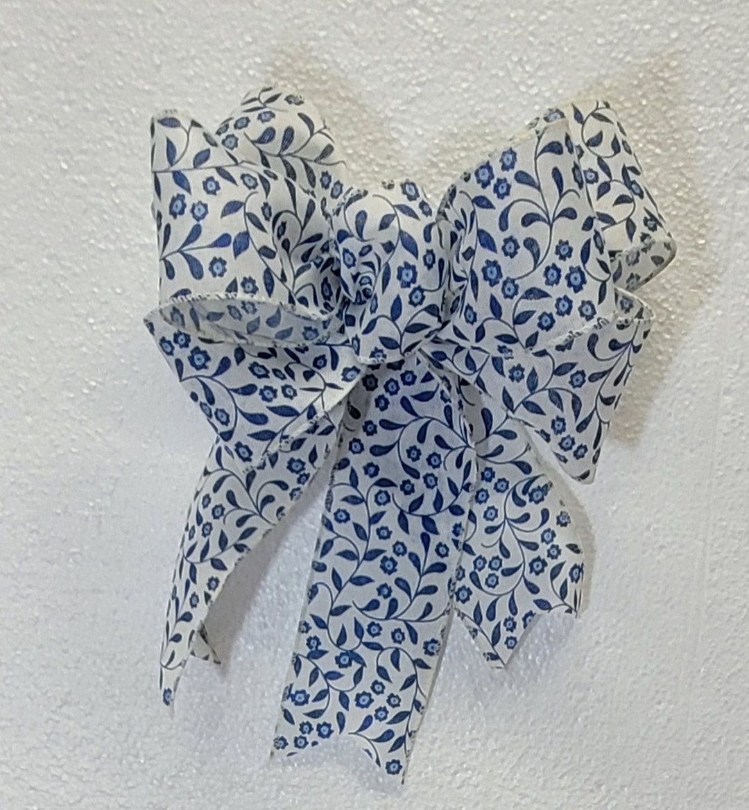 Handmade Easter and Spring Bow, White With Delicate Blue Floral Design ...