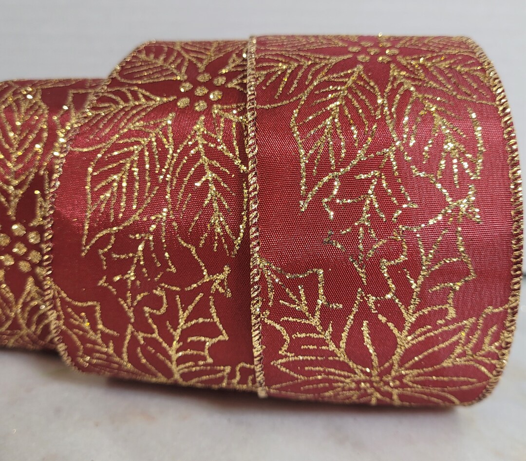 5 (five)yards Burgundy Wired Edge Ribbon With Glittery Gold Poinsettia ...