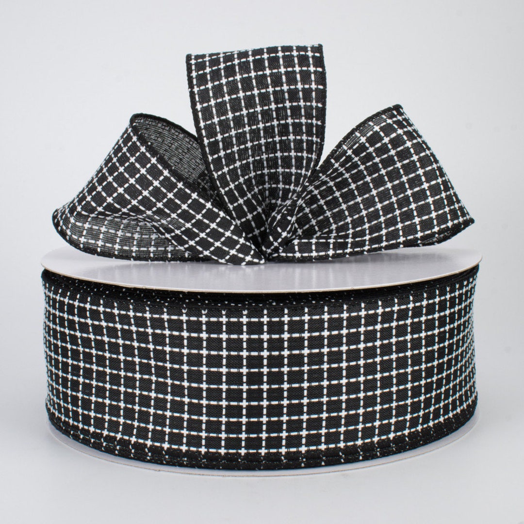 5 Yard Lot Wired Edge Ribbon 2 1/2" Wide Black With White Grid Design ...