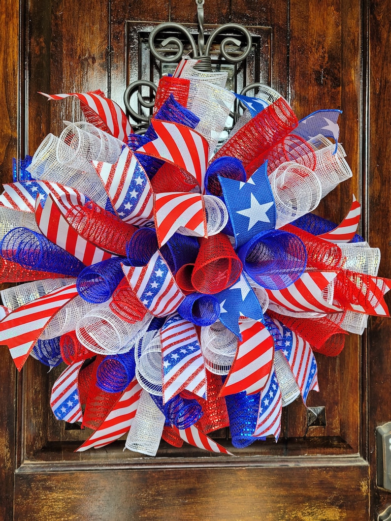 XL Hand-crafted Patriotic Wreath Deco Mesh Spirals - Red - White - Blue ...