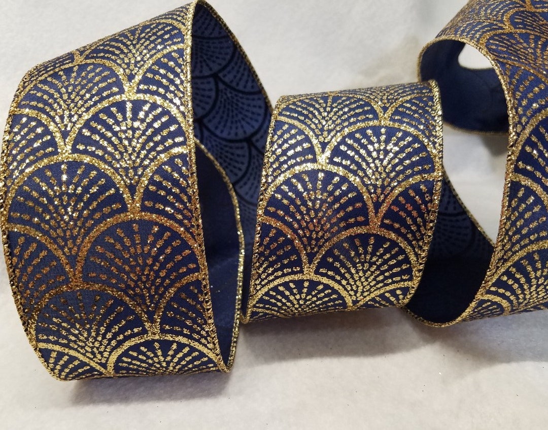 10 Yards Dark Teal Satin Ribbon With Gold Glitter Scallops & Wired ...