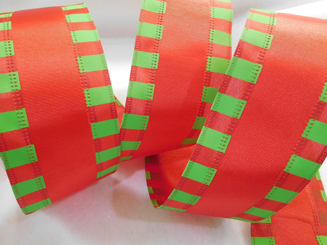5 Yards Red and Lime Green Satin and Woven Ribbon With Wired Edges - 2 ...