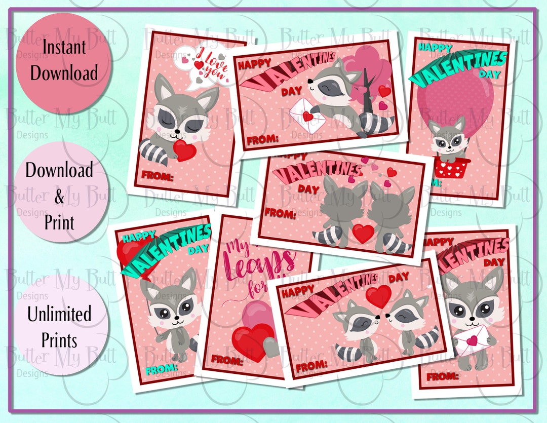 Cute Racoon Valentine Cards Printable Instant Download Kids Valentine's ...