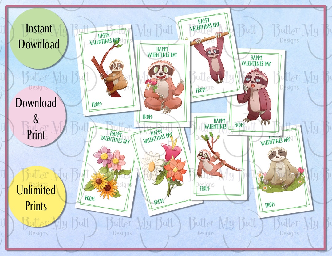 Sloth Valentine Cards Printable Instant Download Kids Valentine's Day ...