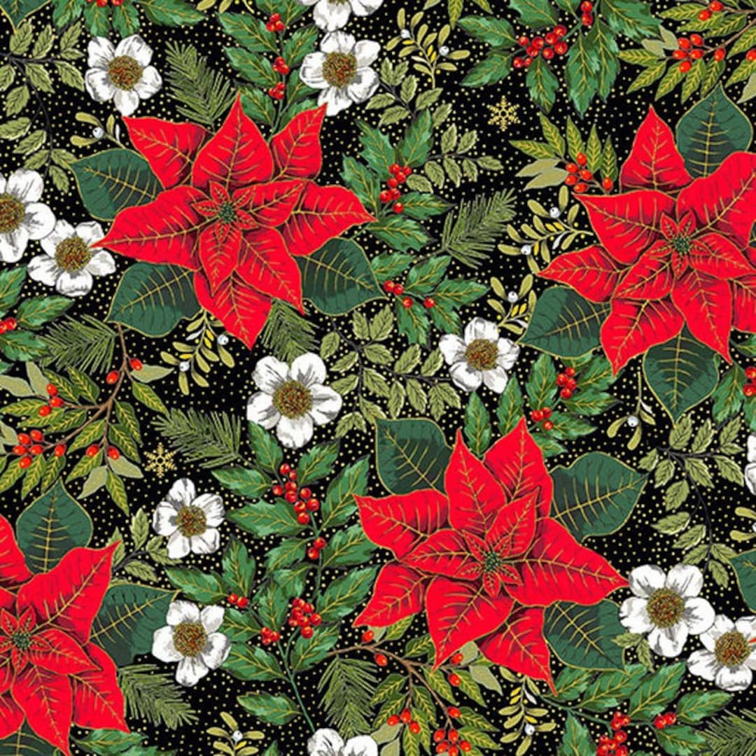Deck the Halls TP-2090-X Black and Red Poinsettia for Makower UK ...