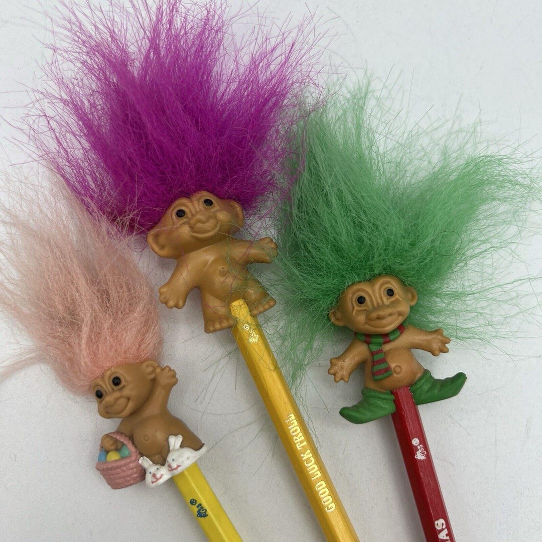 Lot 3 Vtg Russ Crazy Hair Troll Pencil Toppers Easter Elf Purple Good ...