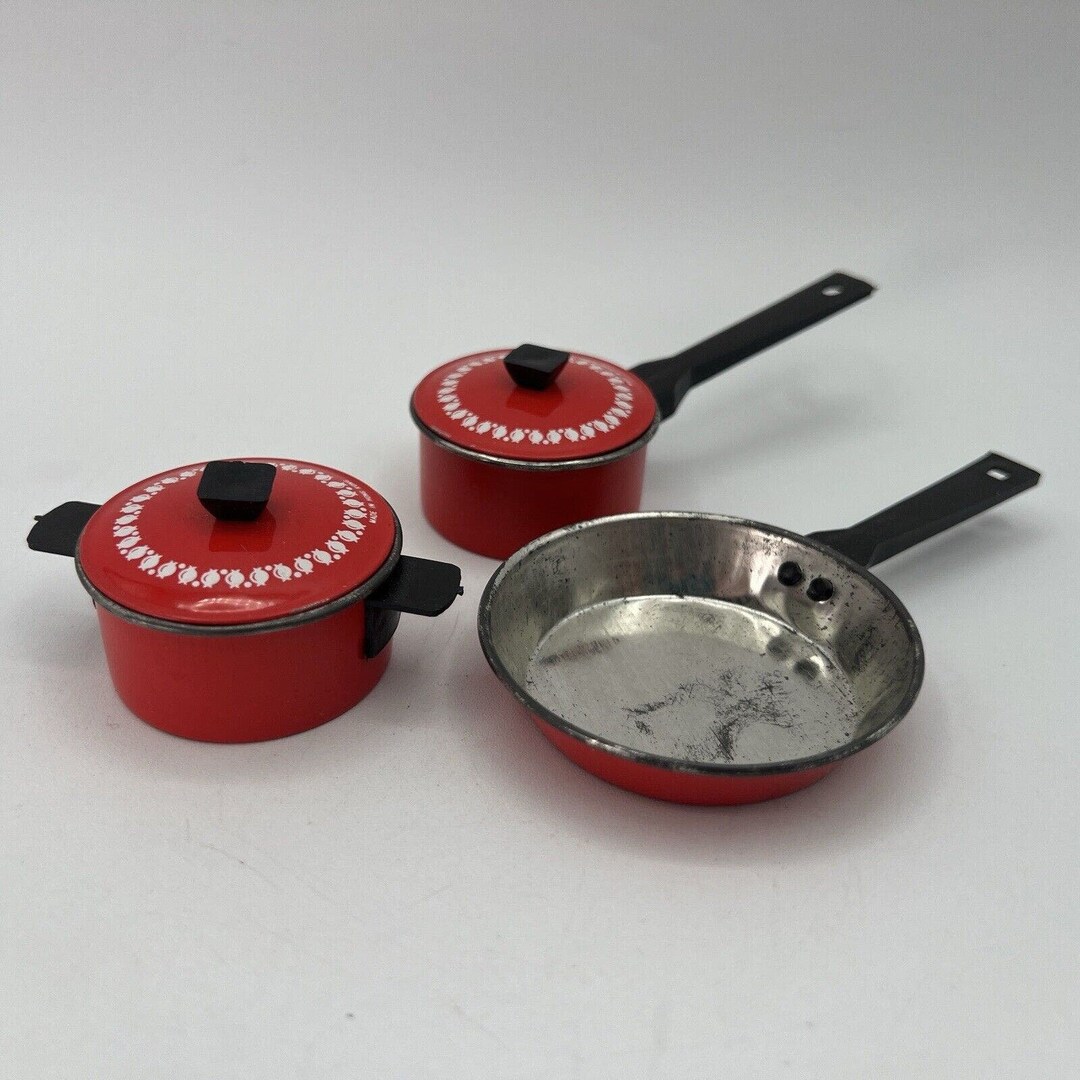 5 Pc Vintage Childs Play Red White Metal Pots Pans Kitchen Cooking ...