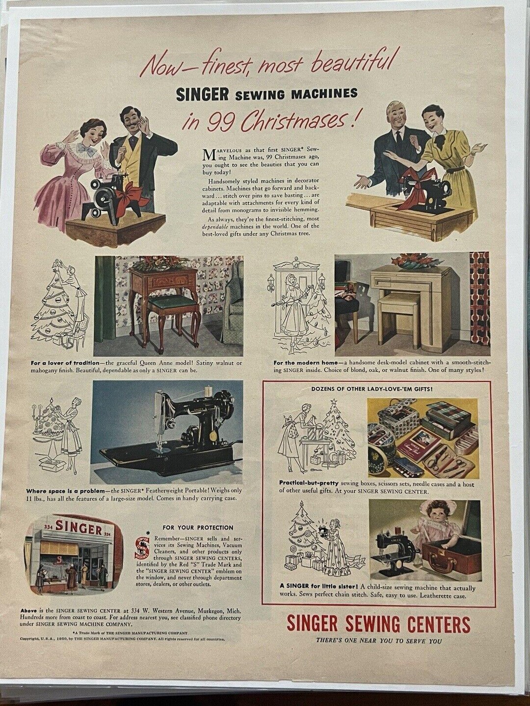 Vtg 1950 Singer Sewing Machine Desk Models Print Ad Seamstress Dress ...