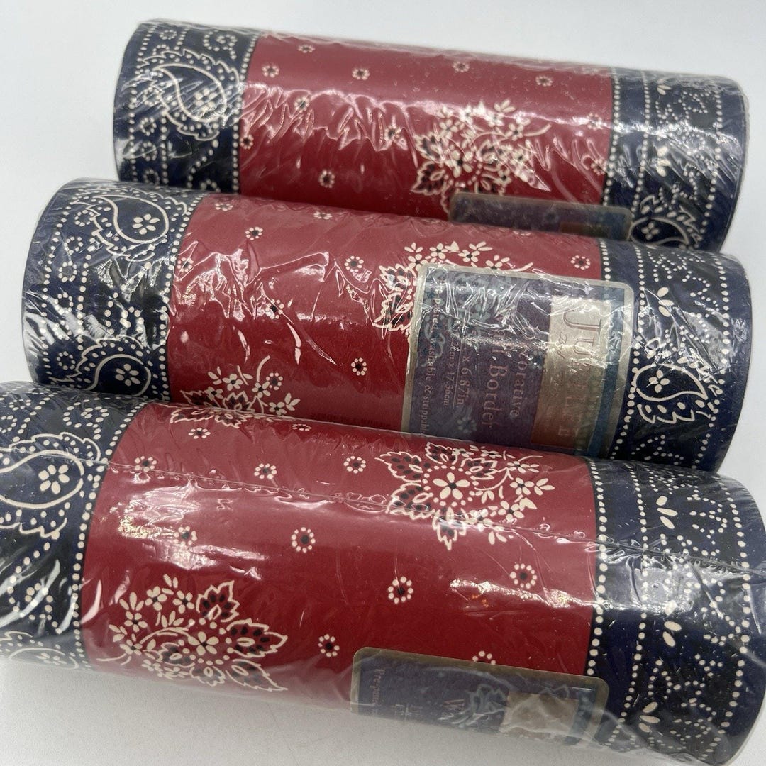 3 Rolls VTG Jubilee Wallpaper Border BANDANA Blue Red Western Cowboy ...