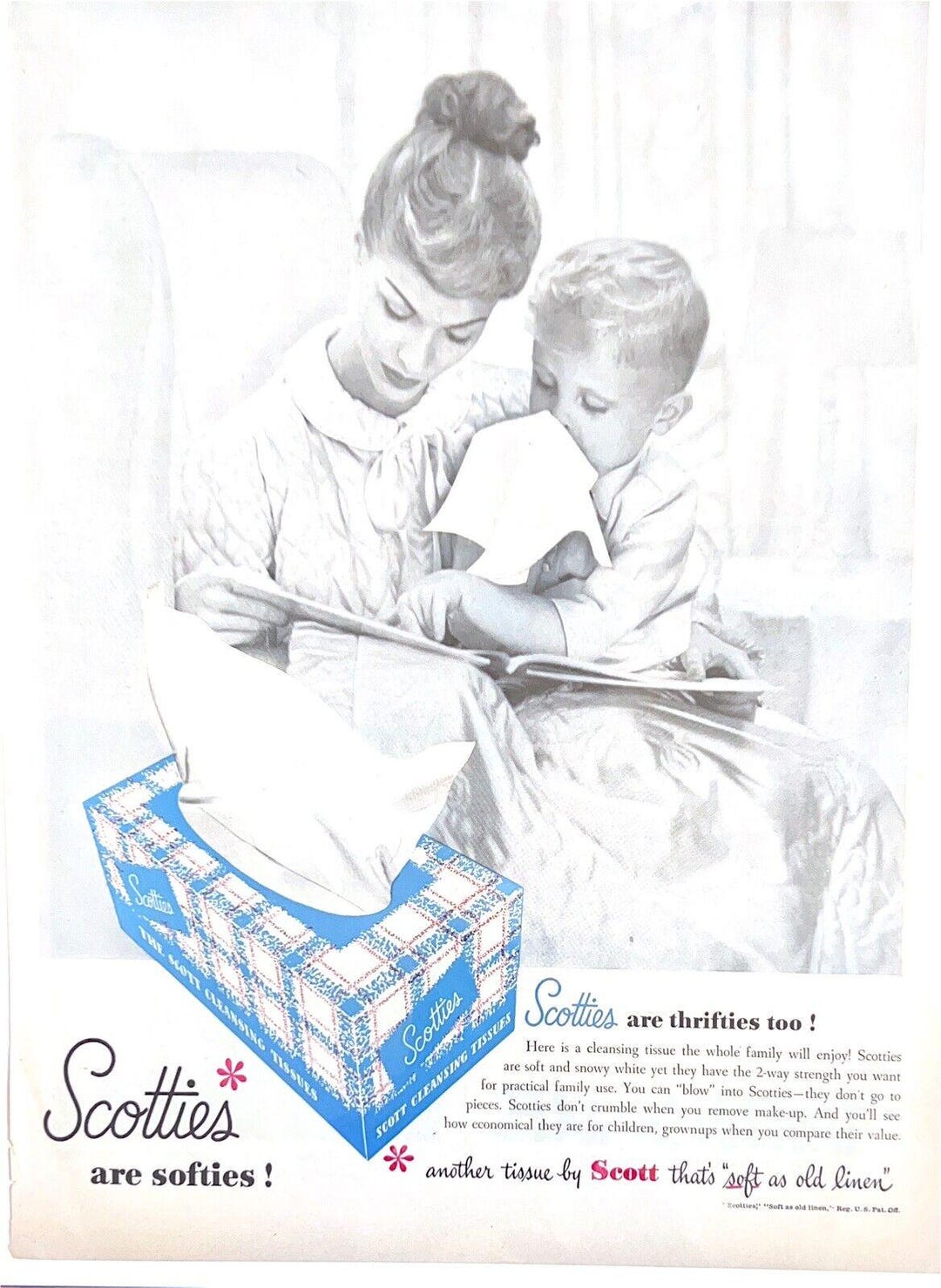 Vtg Scotties Cleansing Tissues Print Ad Bathroom Blue Mother Son 1956 ...