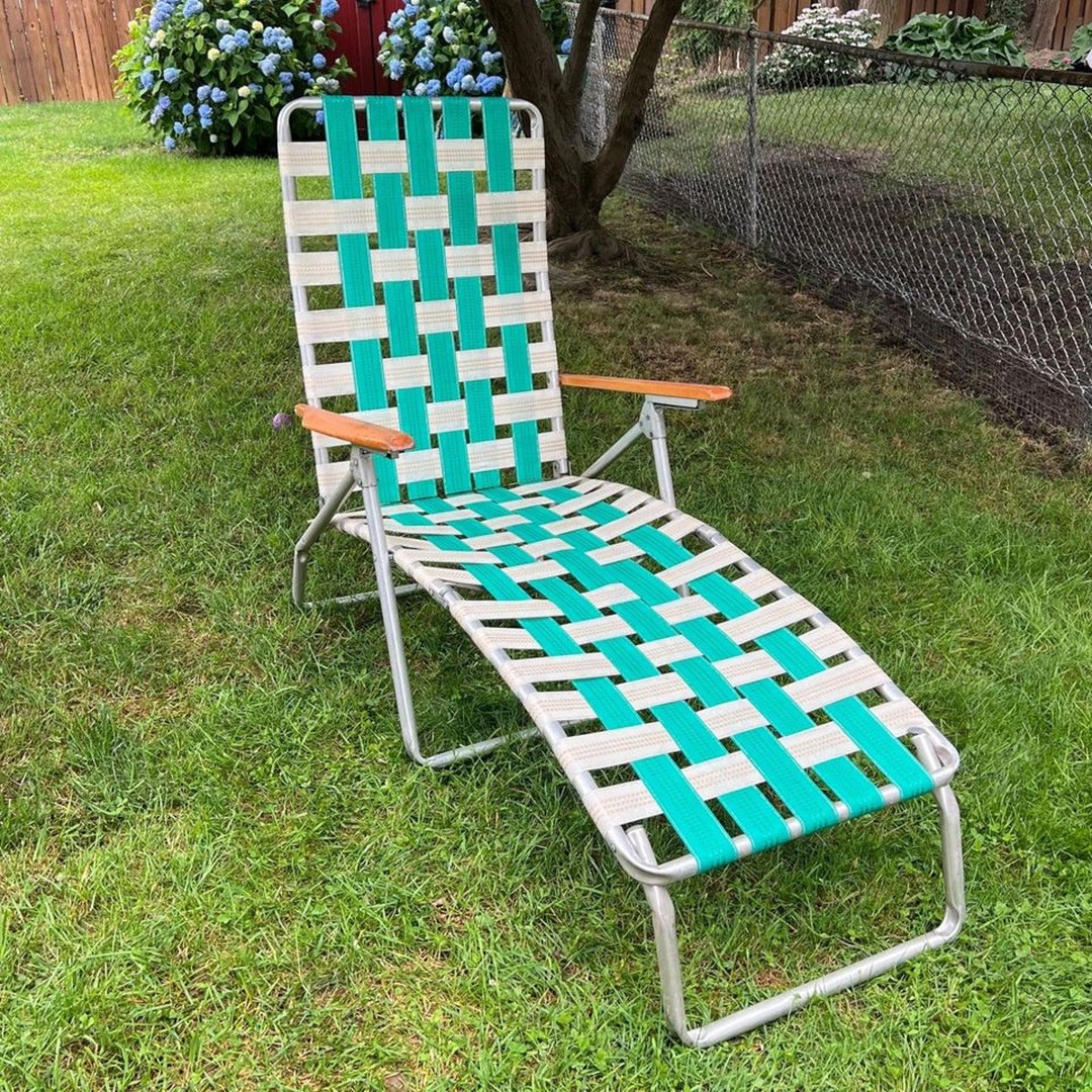 Vtg Aluminum Webbed Chaise Lounge Lawn Chair Folding 60s 70s Green ...