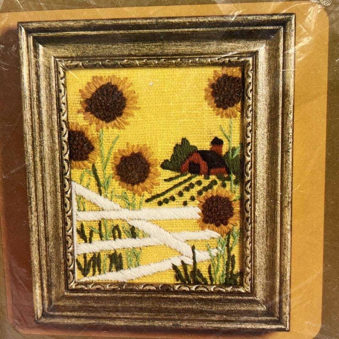 Pauline Denham Crewel Embroidery Kit Frame 6050 SUNFLOWERS Fence Farm ...