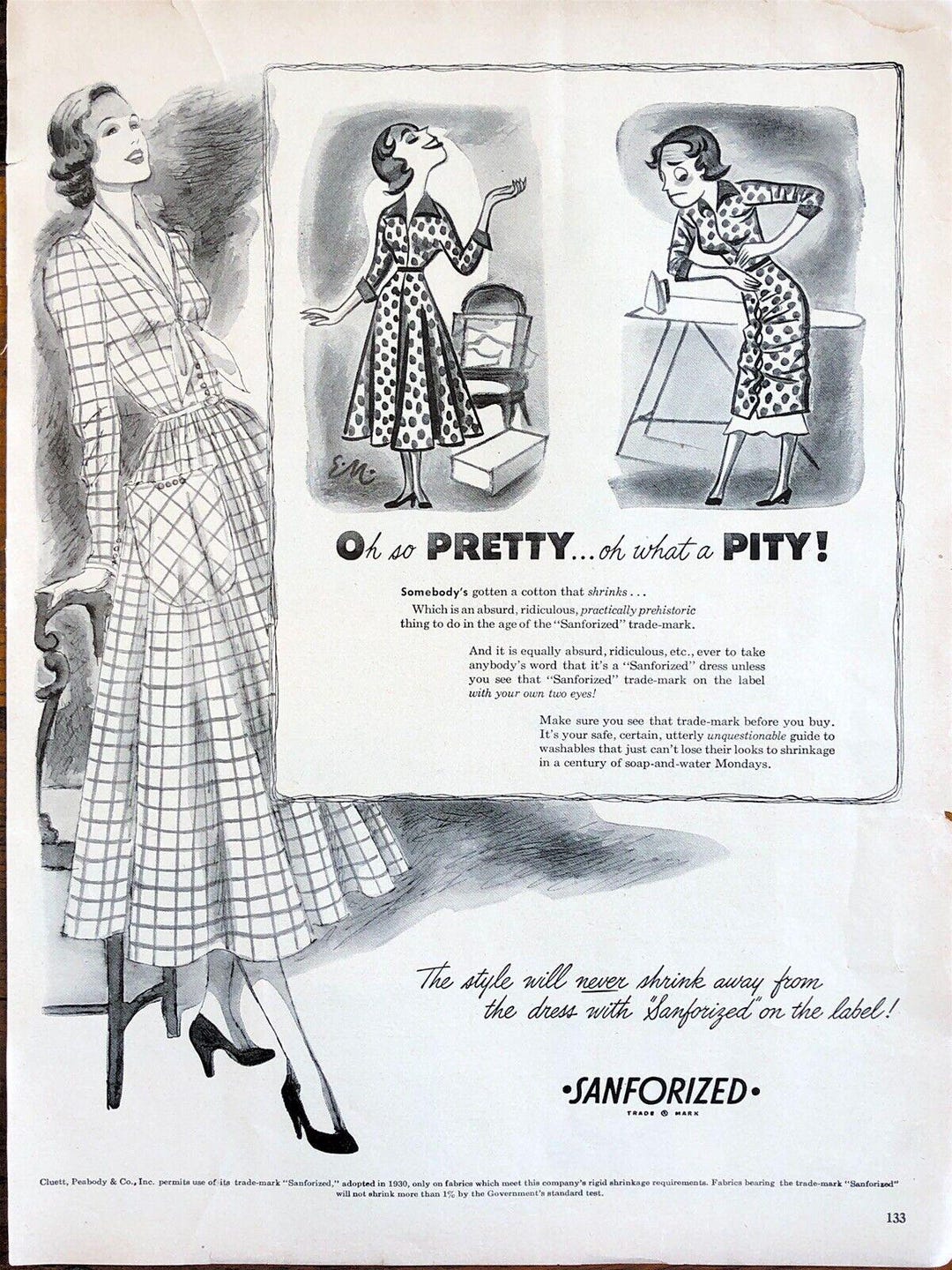 Vtg Sanforized Fabric Print Ad Retro 1940's Fashion Illustration ...