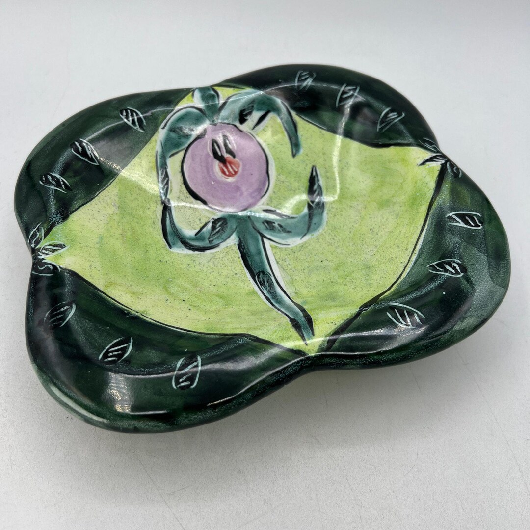 Posey Bacopoulos Pottery Majolica Square Bowl Dish Candy Console Green ...