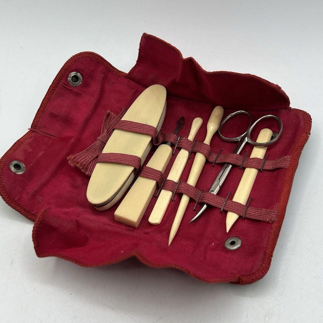 Vintage 5pc MANICURE SET Fabric Roll up Case Celluloid Pieces 1920s ...