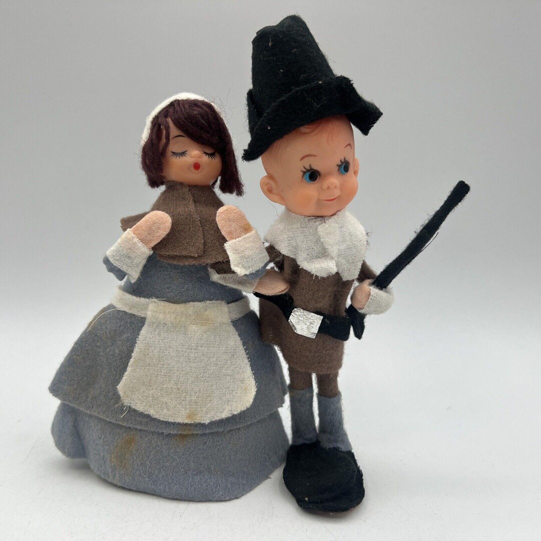 Pair Vtg Kitsch Pilgrim Dolls Thanksgiving Rubber Face Pixie Elf Boy ...