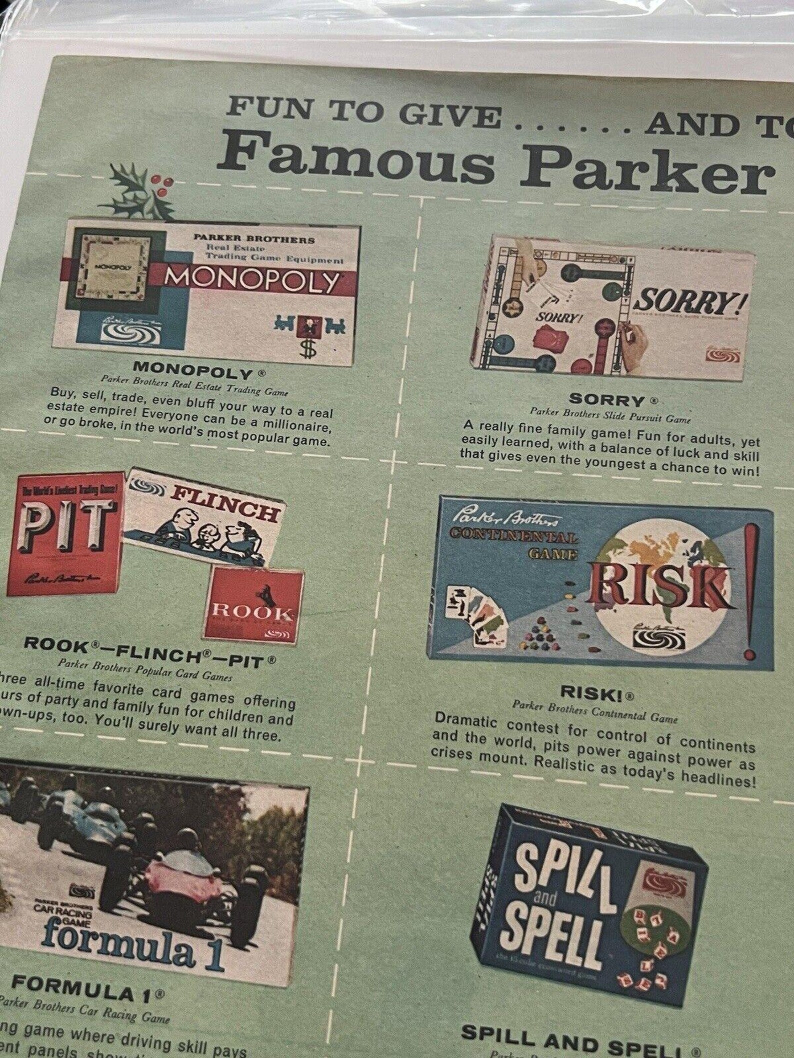 Vtg 1960s Parker Brothers Board Game Print Ad 11x14 Retro Toys Monopoly ...