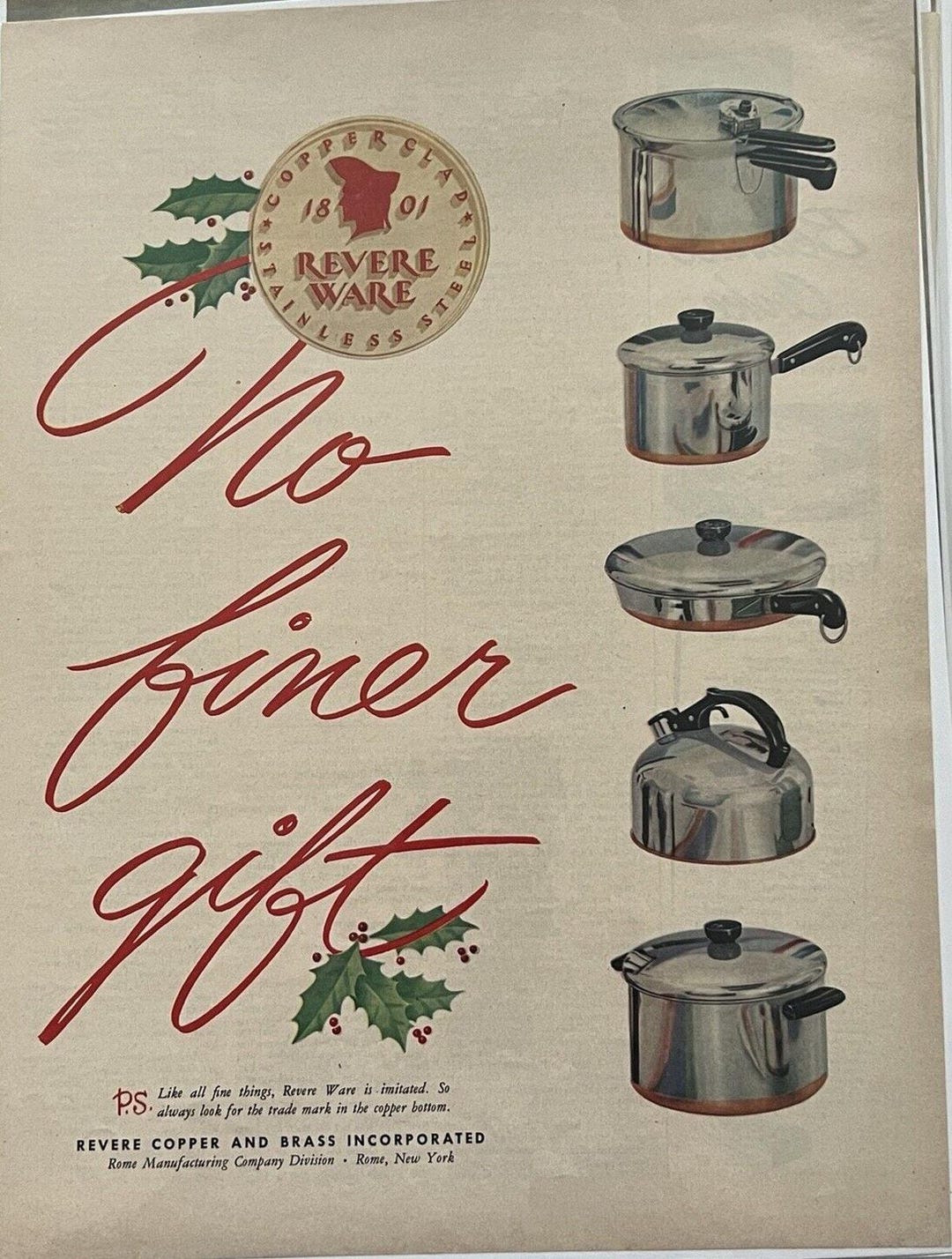 Vtg 1950s Revere Ware Copper Clad Cookware Print Ad Rome NY MCM Kitchen ...