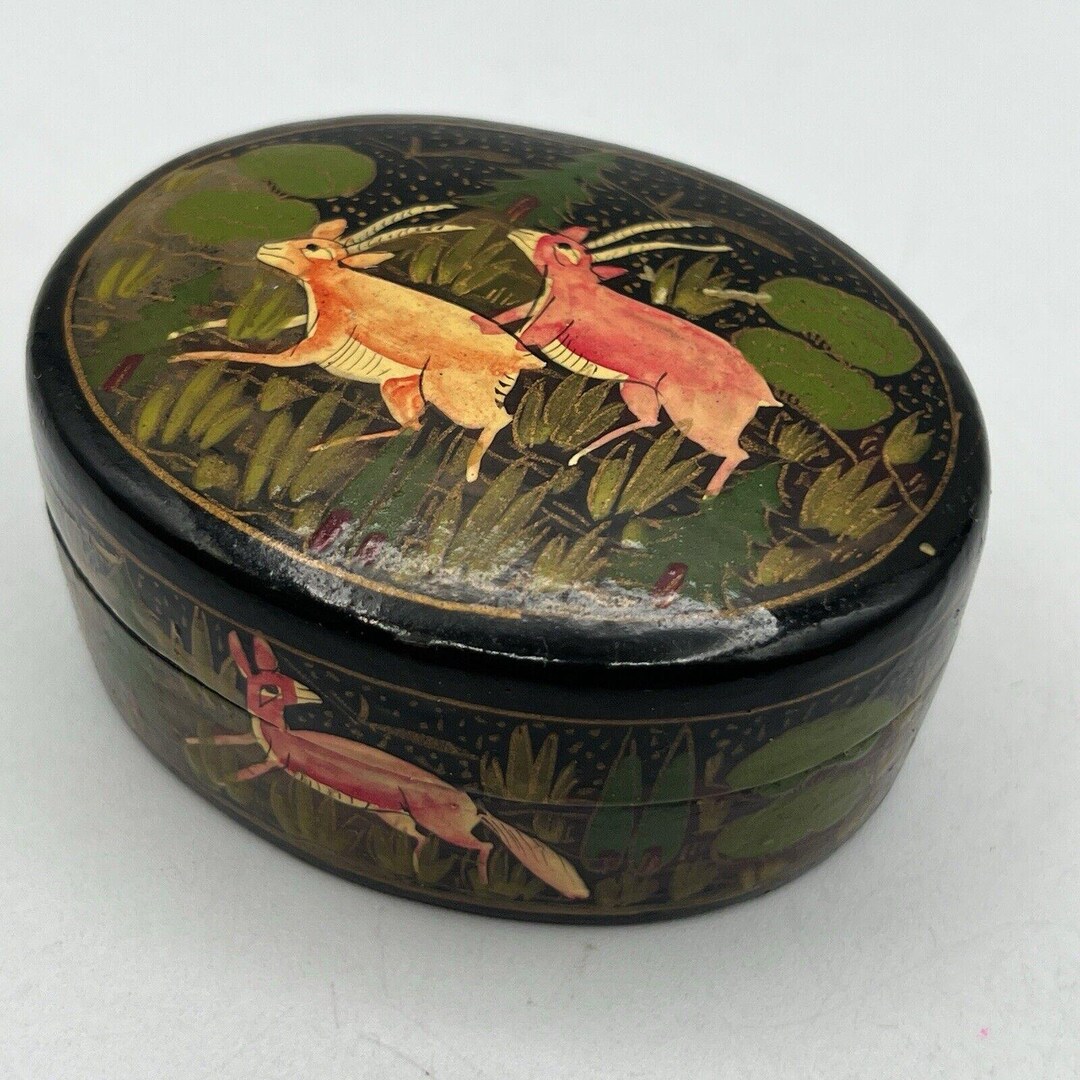 Vtg Kashmir India Lacquer Box Paper Mache Hand Painted Deer Antelope ...