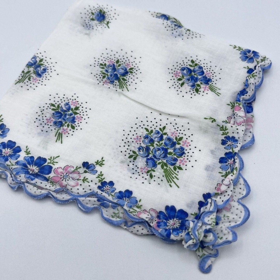 Vintage Royal Blue Rose Handkerchief Scalloped Border Cotton 12 1950s ...