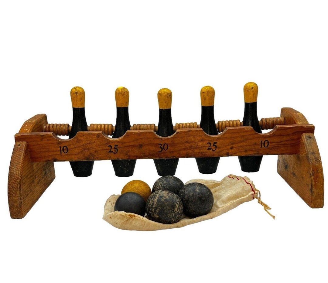 Antique Wood Toy Bowling Pin Target Game Rack With 5 Balls Score Board ...