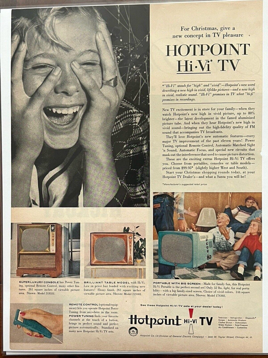 Vtg 1956 Hotpoint Hi-vi TV Television Console Tabletop Portable Print ...
