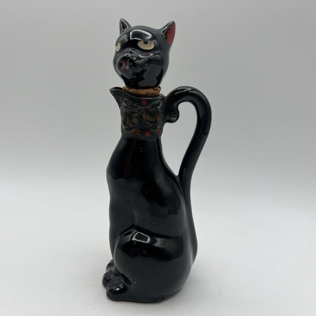 Vtg Black Cat Cruet Redware Pottery Red Bow Tie Relco Japan 7 Stopper ...