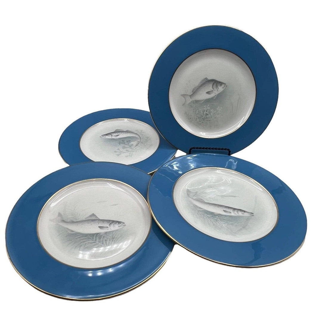 4 Lenox Fish Plates Hand Painted W H Morley Teal Gold Trim Bailey Banks ...