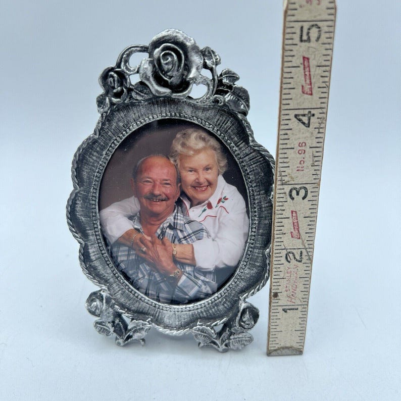 Small Vintage Pewter Oval Picture Frame Roses Leaves 2x3 Silver ...