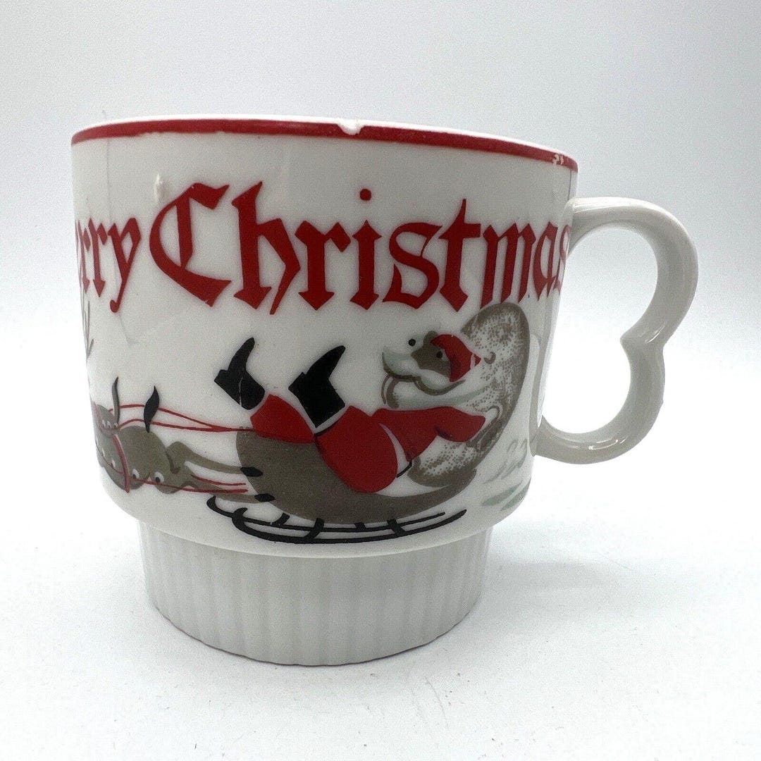 Vtg MCM Santa Flying off Sleigh Reindeer Stackable Mug Painted Japan ...