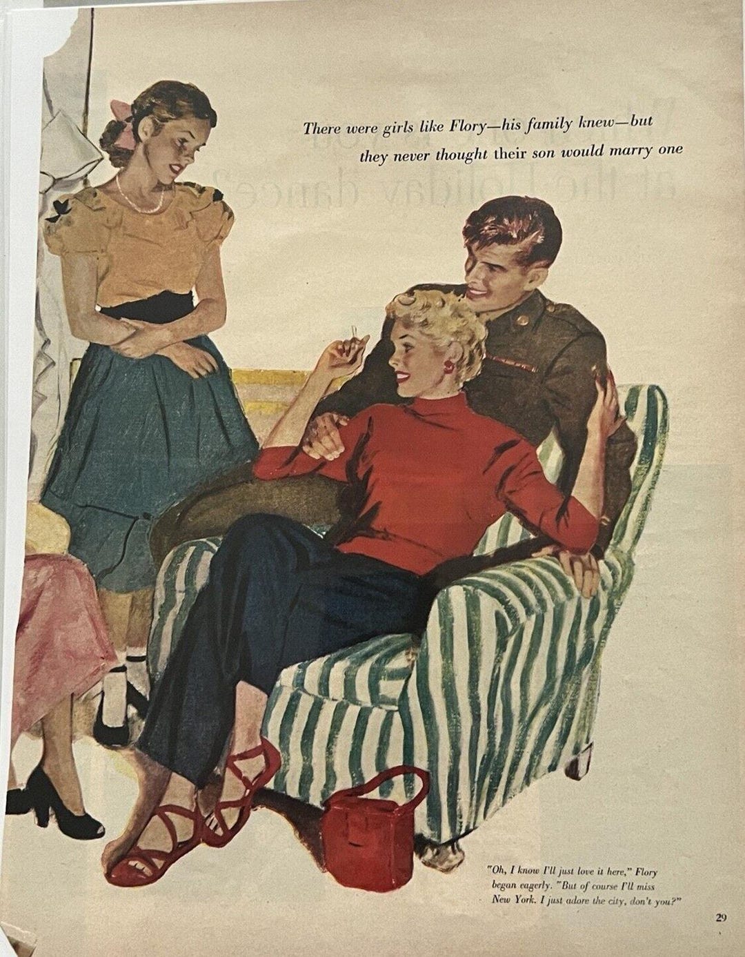 Vtg 1940s Pulp Fiction Art Magazine Page City Girl Smoking Military Man ...