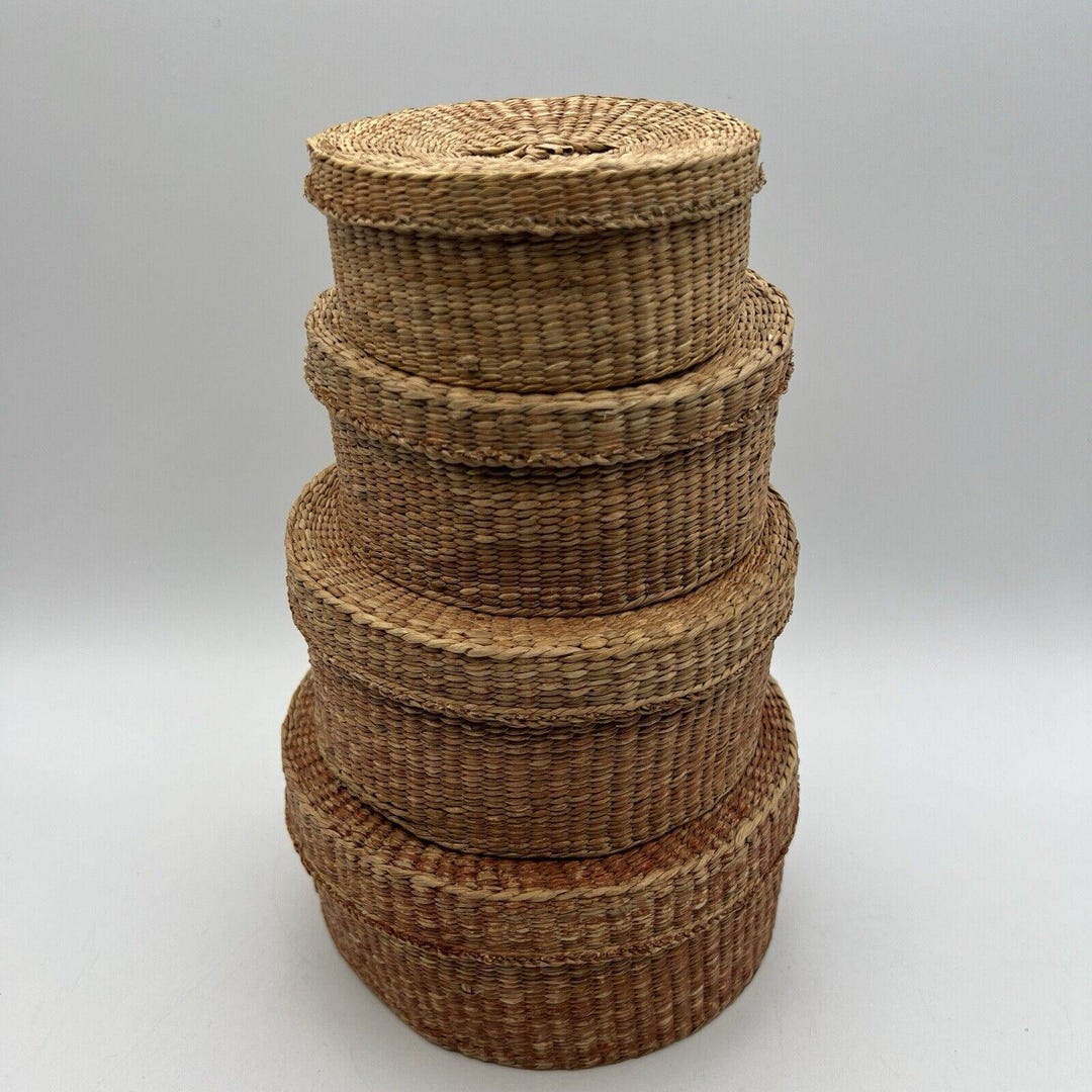 Set 4 Vtg Small Round Sweet Grass Nesting Baskets Lids Stacking 1960s ...