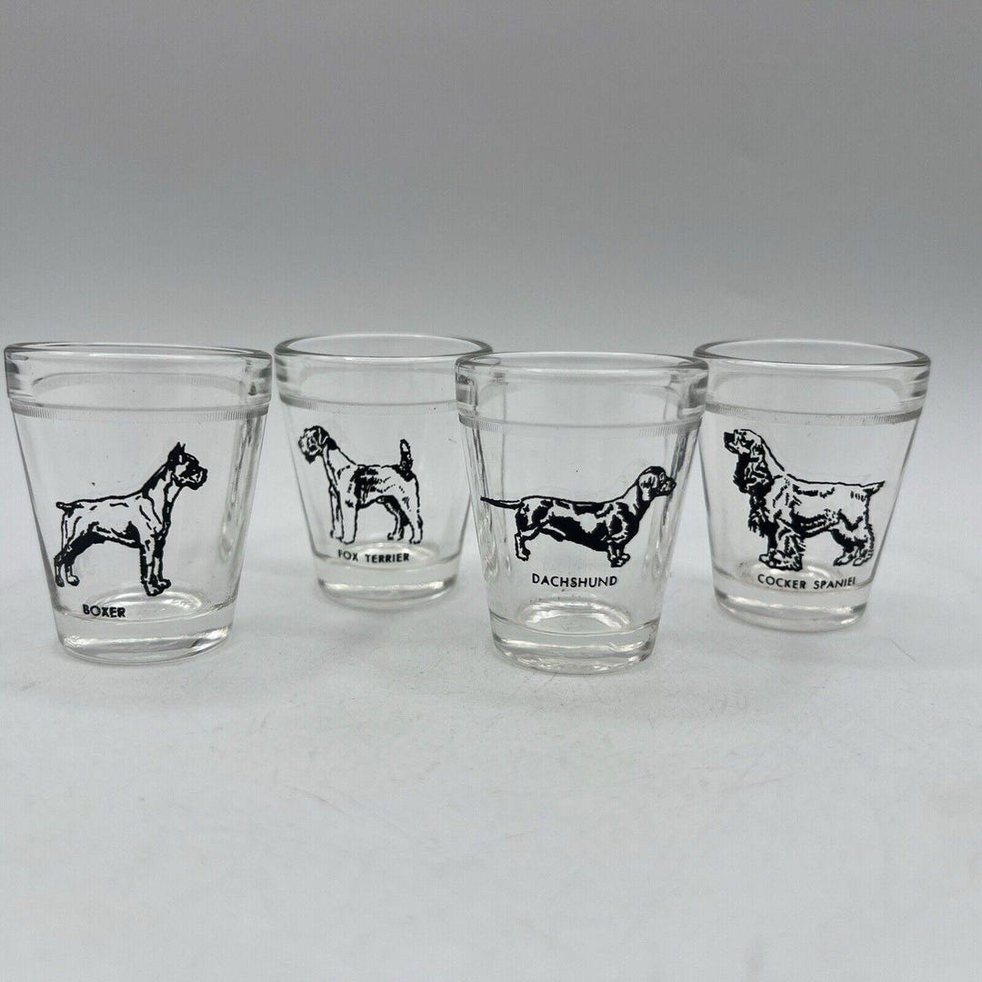 4 Vtg Hazel Atlas Dog Shot Glasses Man Cave Bar Boxer Dauchshund ...