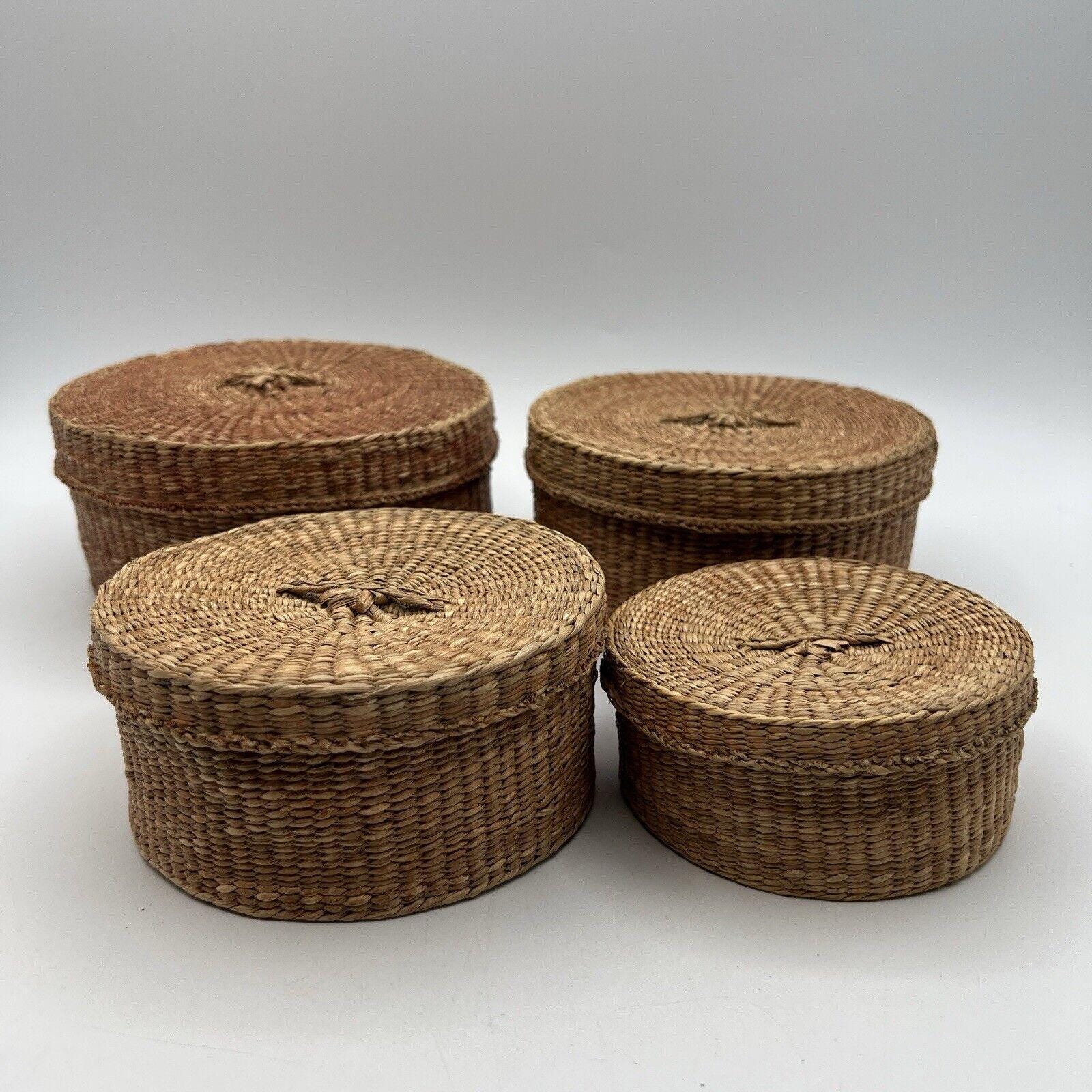 Set 4 Vtg Small Round Sweet Grass Nesting Baskets Lids Stacking 1960s ...